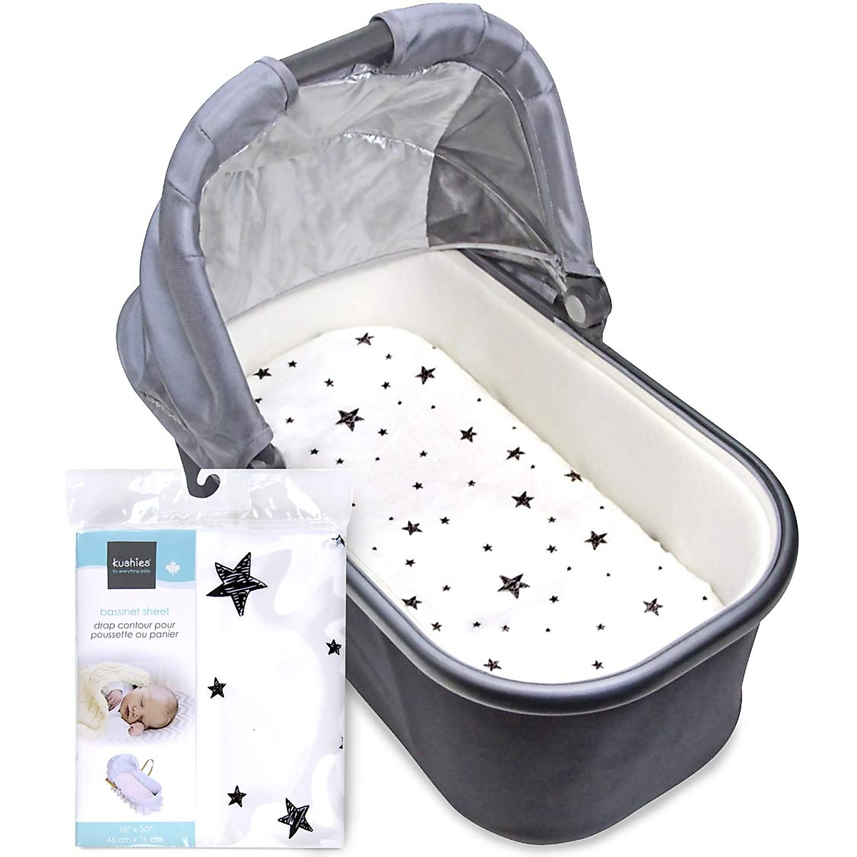 Kushies Baby Fitted Bassinet Sheets - 30 x 18 x 2 Bassinet Mattress Mini Crib Sheets - B&W Scribble Stars Bassinet Cover Mini Crib Mattress - Mattress for Playpen Carriage Pad Fitted Sheet Flannel, Scribble Stars Black & White