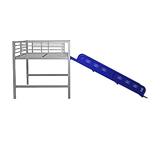 DHP Junior Twin Metal Loft Bed with Slide, Multifunctional Design, Silver with Blue Slide