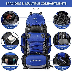 Unineovo 90L Hiking Backpack for Women Men, Waterproof Camping Essentials Bag with Rain Cover, 90 Liter Lightweight Backpacking Back Pack -No Frame (Light Blue)