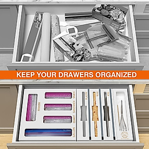 DALSHABET 9 IN1 Bamboo Storage Bag Drawer Organizer with Cutter, Foil and Plastic Wrap Dispenser for Kitchen Storage Compatible with All Brands Gallon, Quart, Sandwich & Snack Size Bags - White