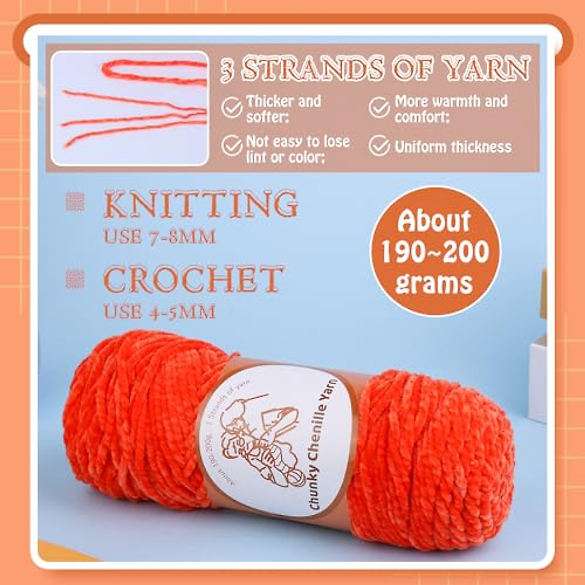 TLKKUE Chunky Chenille Yarn(7OZ/200G), 3 Strands of Yarn Soft Chenille Velvet Yarn for Crocheting Knitting Thick Blanket Yarn for Shoe Hat Clothing Cushion (Red Orange)