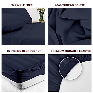 Saaz Linen 1000 Thread Count Full Size Sheet Set - 100% Egyptian Cotton Hotel Luxury Collection Bedding Sheets - Fits Upto 16 Inch Deep Pocket - Sateen Weave Solid 4 Piece Sheets Set (Navy Blue)