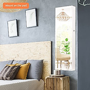 Ntufrest Jewelry Organizer, Touch LED Mirror Jewelry Cabinet,LED Wall/Door Mounted Jewelry Armoires for Women, Full Length Mirror with Jewelry Storage，Magnetic Lock