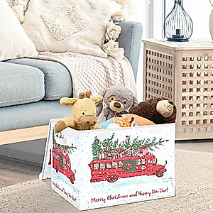 CaTaKu Christmas Red Bus Storage Bins with Lids and Handles, Fabric Large Storage Container Cube Basket with Lid Decorative Storage Boxes for Organizing Clothes