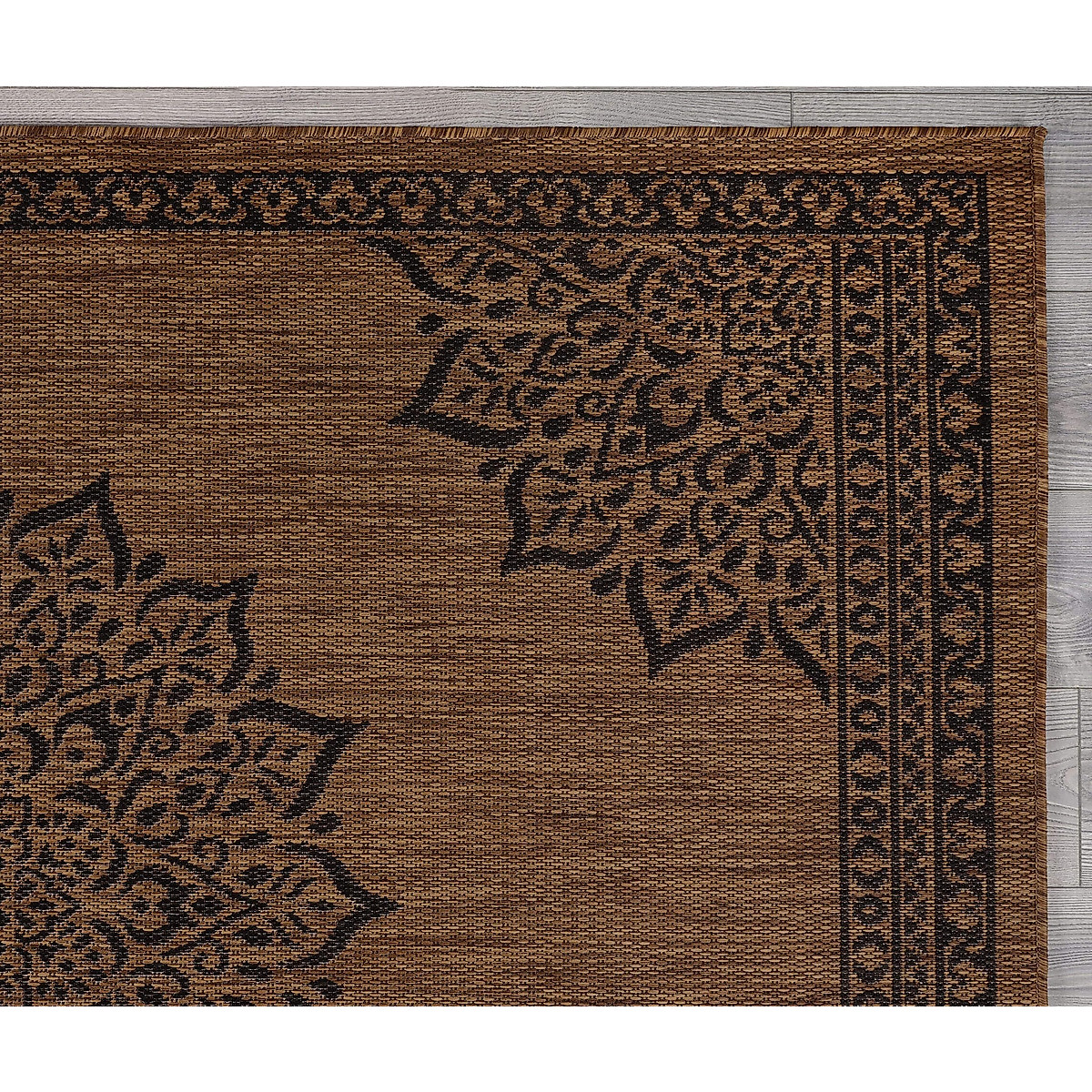 CAMILSON Indoor Outdoor Rug, 9x12 Medallion Nut Brown Black Modern Area Rugs for Large Indoor and Outdoor Patios, Kitchen and Hallway Mats, Washable Porch Deck Outside Carpet (Nut Brown Black, 9x12)