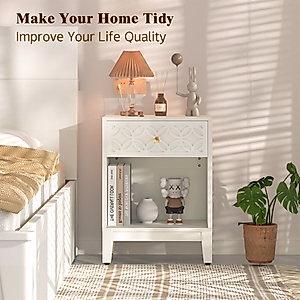 E-SHANHOMY White Nightstand Drawers Modern Side Table for Bedroom,Night Stand End Table with Storage Shelf,Night Tables Wood Nightstand Table Bedroom, 24" H