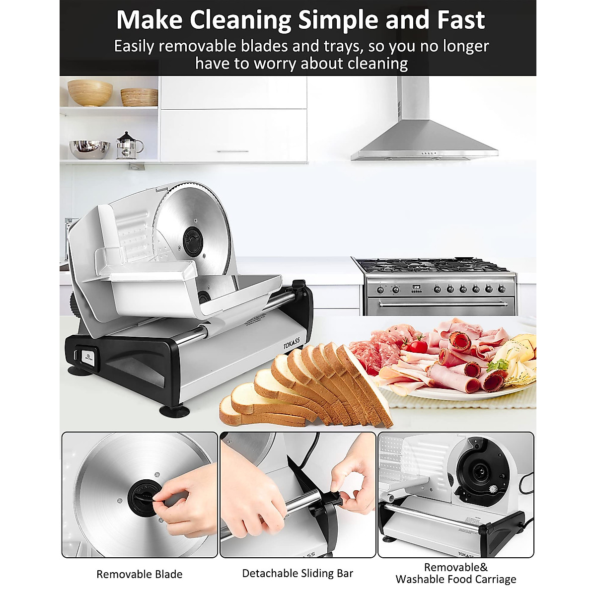 TOKASS Meat Slicer, 200W Electric Slicer For Home Use with 2pcs 7.5'' Stainless Steel Blades, Electric Deli food Slicer, Adjustable Thickness for Meat, Cheese, Bread, Easy Clean (200W-Bright Silver)