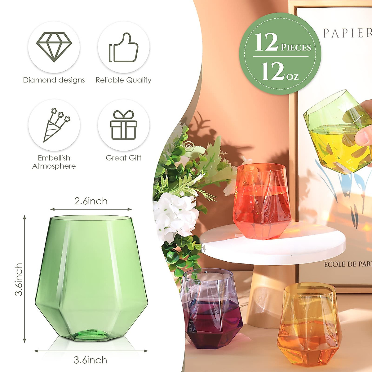 Gerrii 12 Pcs Diamond Stemless Glasses Unbreakable Plastic Wine Glasses 12 oz Reusable Whiskey Glass Stemless Drinking Glasses for Wine Cocktail and Home Dining Wedding Party Kitchen, 6 Colors