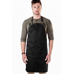 Under NY Sky No-Tie Black Apron with Full Grain Leather Straps – Durable Twill, Split-Leg, Adjustable for Men and Women – Pro Chef, Pastry, Tattoo Artist, Barista, Bartender, Stylist, Server Aprons