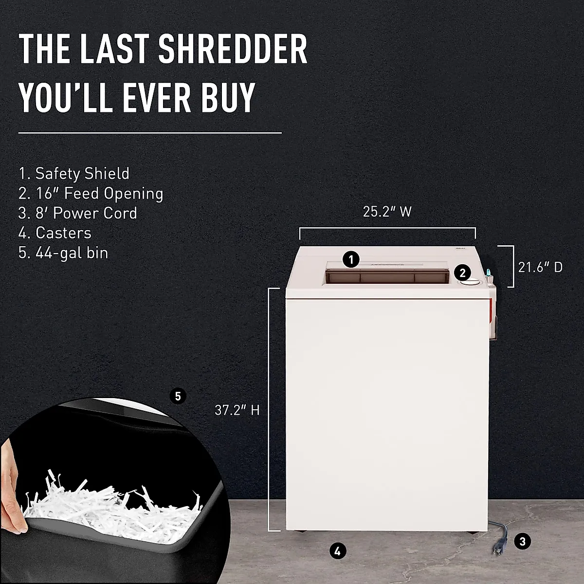 ideal. 4002 Strip Cut Centralized Office Paper Shredder, Continuous Operation, Shreds 32-35 Sheet Capacity, 44 Gallon Bin, Shred Staples/Paper Clips/Credit Cards/CDs/DVDs, 1 3/4 HP Motor, P-2 Security