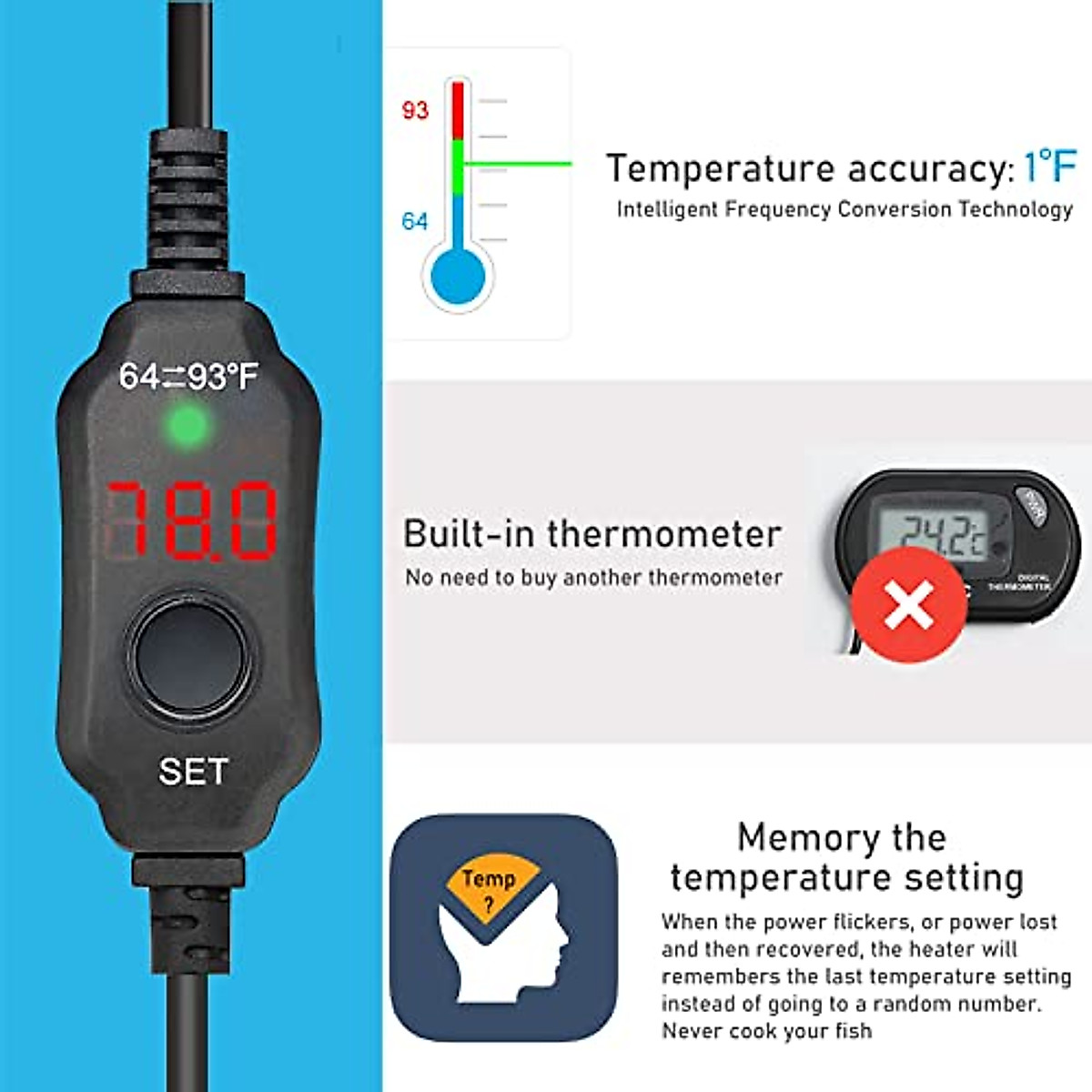 YukiHalu USB Powered Aquarium Heater, 10W/20W/30W Adjustable Mini Fish Tank Heater with External Temperature Controller, LED Display, Used for 0.5-1 Gallon Tank (10W USB)
