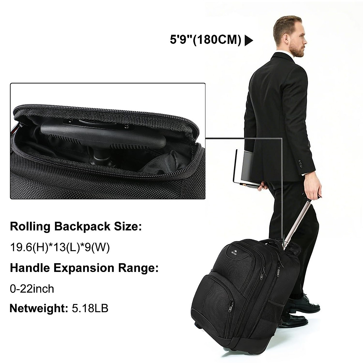 Rolling Backpack, MATEIN 17 inch Water Resistant Wheeled Laptop Backpack, Carry on Luggage Business Bag, College Student Computer Bookbag Trolley Suitcase for Men Women Adults to Travel, Black