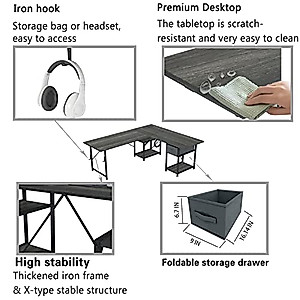 DLIUZ L Shaped Desk with Drawers，Computer Desk is Reversible Corner Large Gaming pc Table with USB Charging Port and Power Outlet,Long Writing Study Table with Shelve