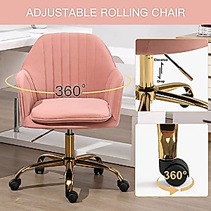 AVAWING Pink Chair Cute Office Chair, Mid-Back Vanity Chair Adjustable Task Office Chair 360°Swivel Roller Chair with Arms and Gold Metal Base for Home Office, Vanity Room, Bedroom