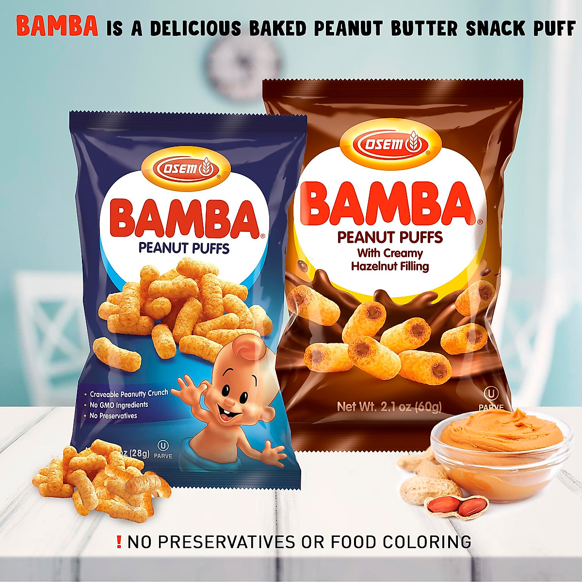 Bamba Peanut Butter Snacks All Natural Peanut Butter PB Corn Puffs (6 Hazelnut Cream , 2.1oz Bags + 6 Regular, 1oz Bags)