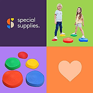 Special Supplies Stepping Stones for Kids, 5 Balance Indoor and Outdoor Blocks Promote Coordination, Balance, Strength, Child Safe Rubber, Non-Slip Edging, Stackable (Primary)