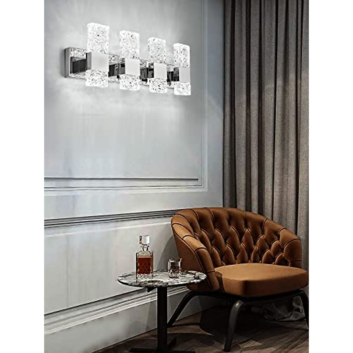 OYLYW Modern LED Bathroom Vanity Light Fixtures Chrome Stainless Steel 4 Light Wall Sconces for Bathroom Lighting Fuxture Over Mirror 28 Inch 40w LED Crystal Wall Light Cool White 5800K