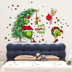Christmas Wall Decals Stickers Self-Adhesive Winter Christmas Wall Stickers Holiday Xmas Wall Decals Cute Christmas Trees Green Monster Designs for Christmas Party Home Supplies Home Wall Decorations