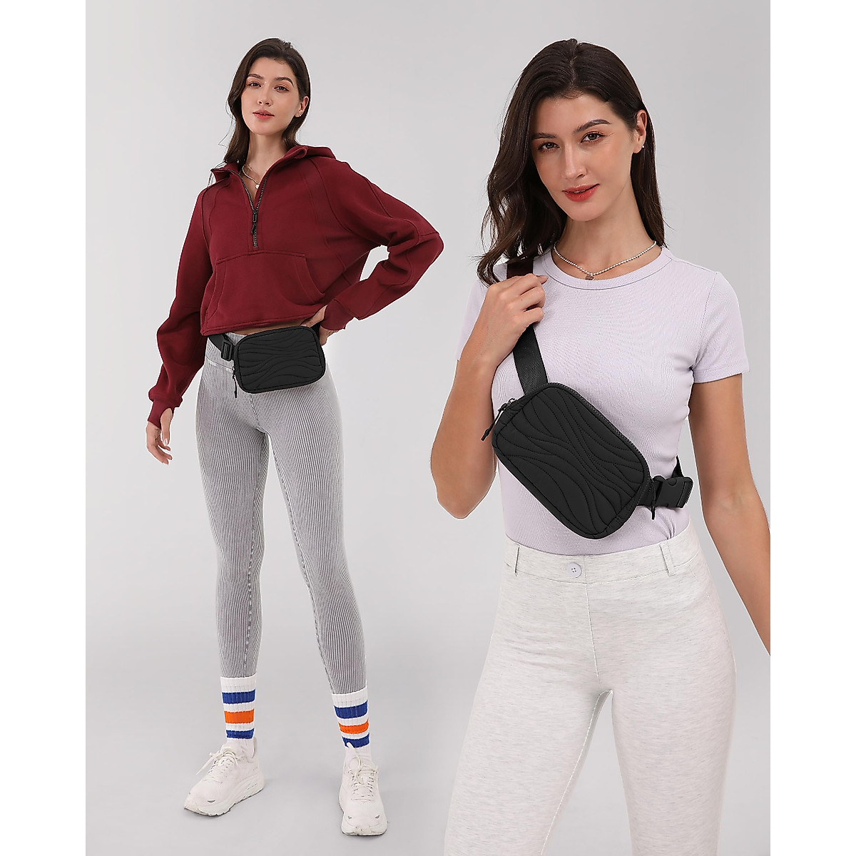 ODODOS Quilted Mini Belt Bag with Adjustable Strap Small Fanny Pack for Workout Running Traveling Hiking, Black