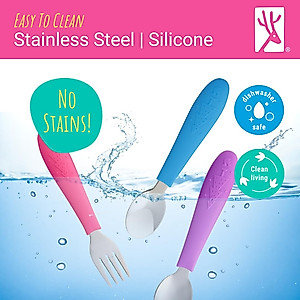 Elk and Friends Kids Silverware with Silicone Handle | Childrens Safe Flatware | Toddler Utensils | Baby Spoons + Forks | Stainless Steel Cutlery