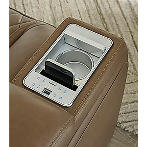 Signature Design by Ashley Strikefirst Contemporary Tufted Leather Power Reclining Loveseat with Console and Adjustable Headrest, Light Brown