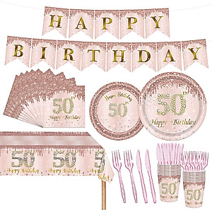 98PCS 50th Birthday Party Plates 50th Birthday Party Supplies Pink Rose Gold Party Decorations 50th Birthday Decorations for Women Paper Plates Napkins Cups Forks Knives Tablecloth Banner Serve 16