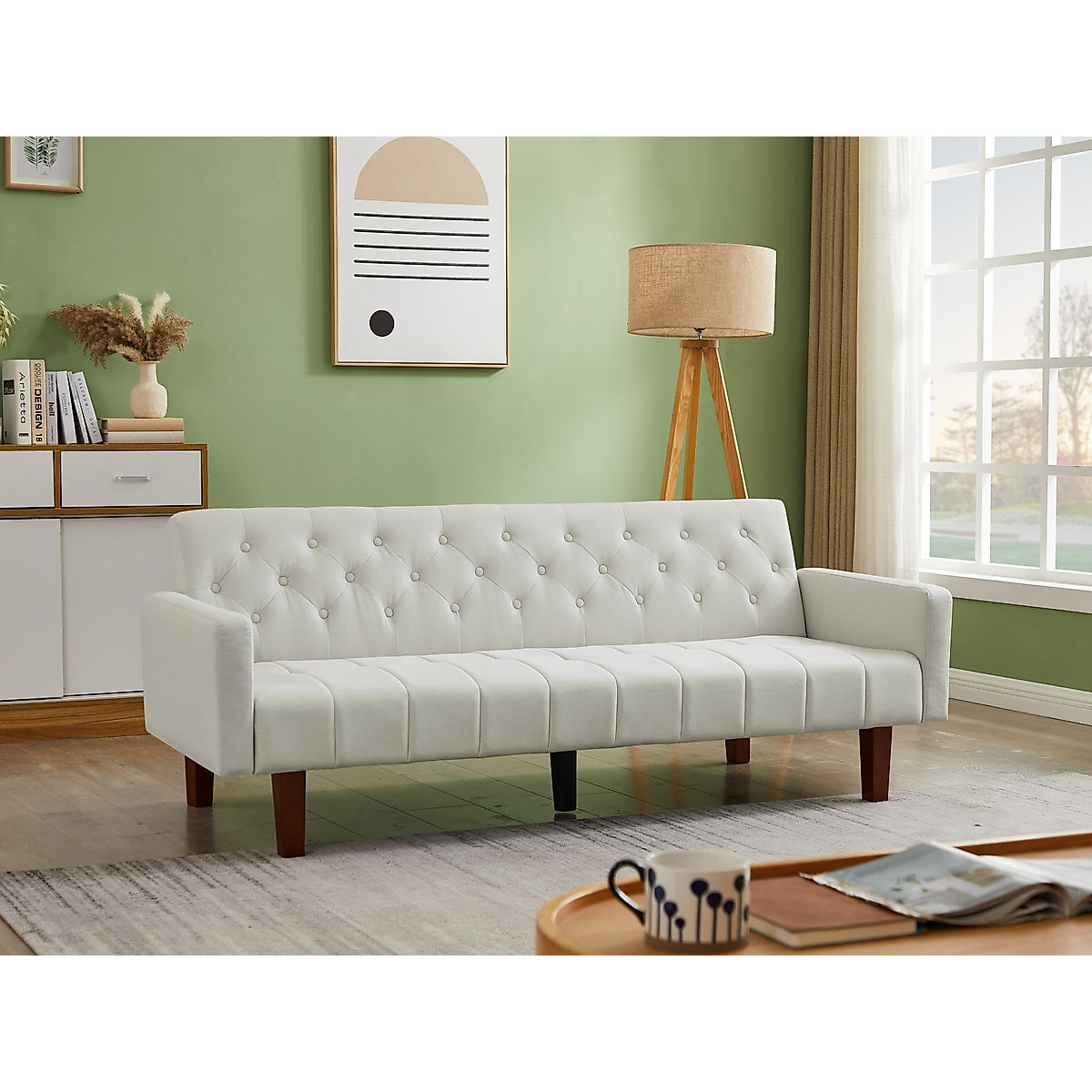 Linen Sofa Bed Sleeper Couch 74.4 Inch Convertible Loveseat Size for Small Space 3 Seater Chesterfield Button Tufted for Office Apartment Dorm Living Room Beige