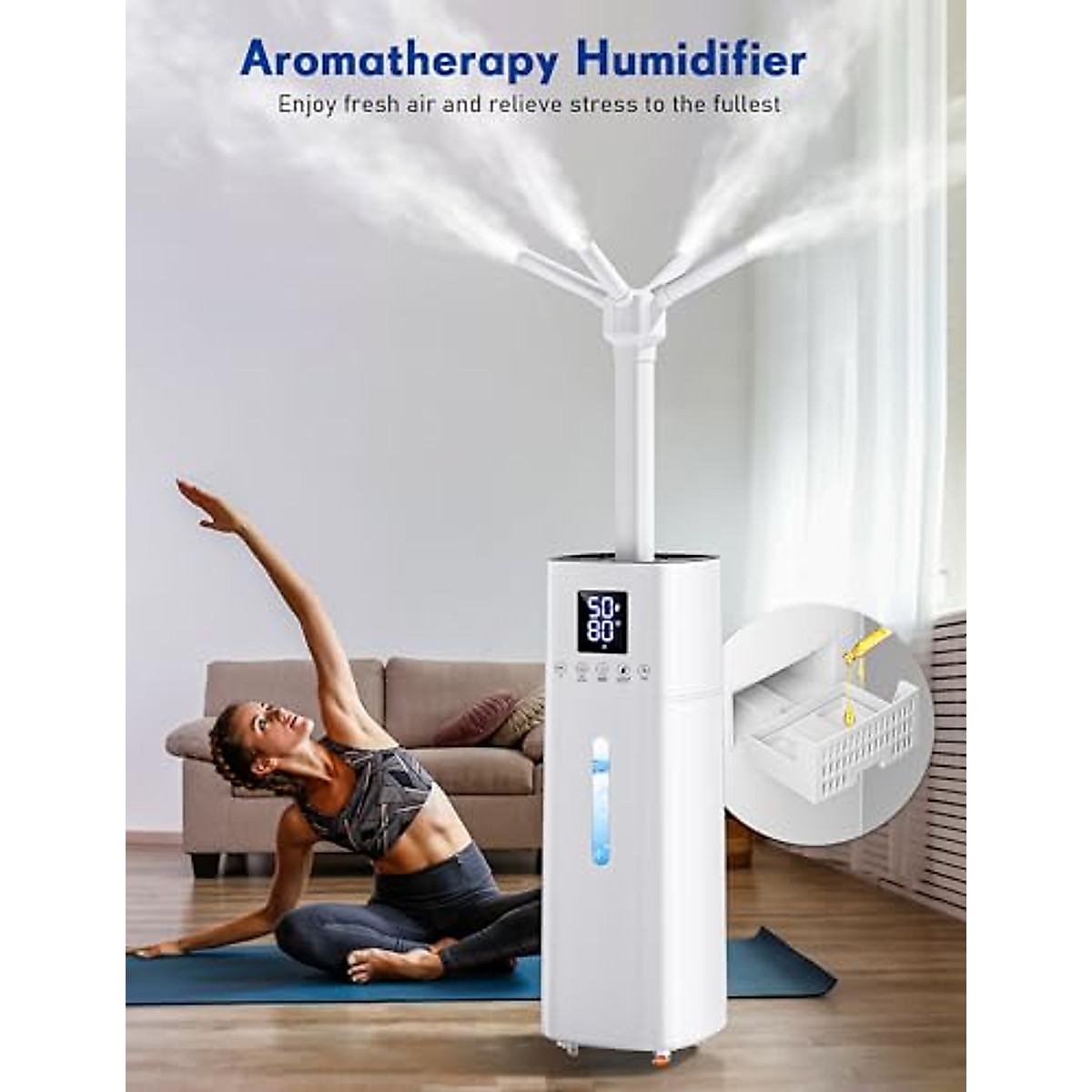 Honovos Humidifiers for Bedroom, 15L Wholehouse Humidifier for 2000 sq. ft, 600ml/h Cool Mist Humidifier for Large Room With Essential Oil Tray, Top Fill Floor Humidifier for Baby Yoga Plants