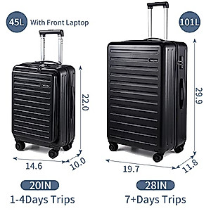 TydeCkare 2 Piece 20/28" Suitcase Sets, Only 20" with Front Pocket, Lightweight ABS+PC Suitcase Hardshell Carry Ons with TSA Lock & Spinner Silent Wheels, Black