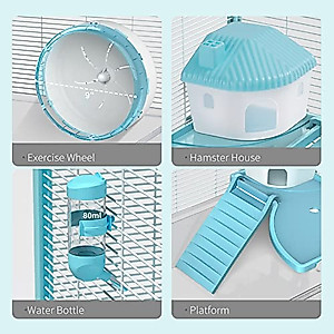 Large Hamster Cages and Habitats Small Animal Cage for Syrian Hamster (Sky Blue + Transparent Base)