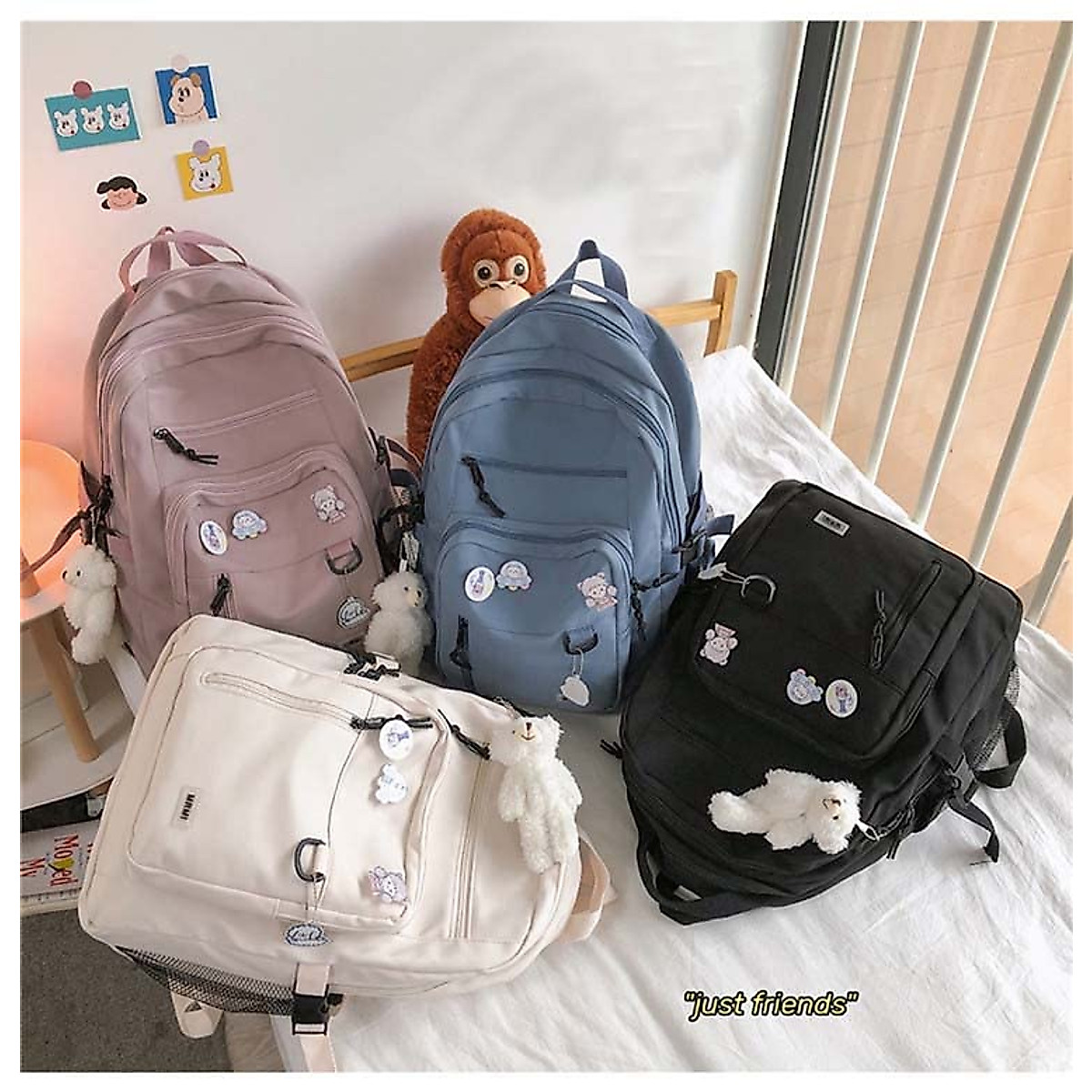 High Capacity Women Backpack Fashion Big Student Backpack Badge Rucksack Girls School Bag Female Cute Leisure Travel Mochila (Only Backpack,white)