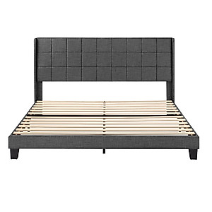 WEEWAY King Size Wingback Upholstered Platform Bed Frame with Box-tufted Stitched Headboard and Wooden Slats/No Box Spring Needed/Easy Assembly, Dark Grey
