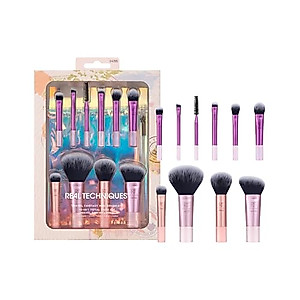 Real Techniques 11 Piece Travel Fantasy Mini Brush Set, Travel Size Makeup Brushes For Foundation Eyeshadow, Powder, Blush, Contour, & Concealer, Makeup Bag Included, Gift Set, Cruelty-Free