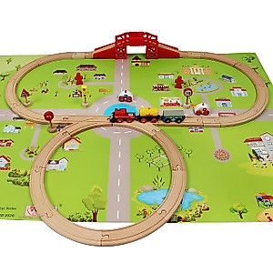 Wooden Train Set with Town Map-Shinington Railway Track Construction Building Toys for 3 Years Old Kids Boys Girls-Vehicles Transport Wooden Toys Gift for Toddlers 3 4 5 Years Old