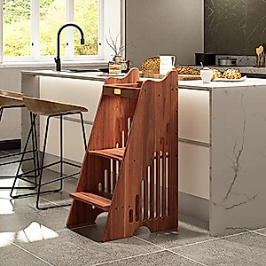 CONSDAN Kitchen Step Stool for Toddlers, Kids Standing Tower Kitchen Toddler Learning Stool, Kitchen Helper Stool with Safety Rail for Kitchen Counter, Bathroom Sink, Solid Wood