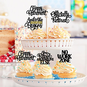 30 PCS Happy Retirement Cupcake Toppers Officially Retired No Work Zone Adventure Begins Cupcake Picks for Retirement Theme Farewell Birthday Party Cake Decorations Supplies Black