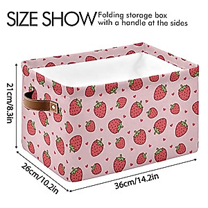 ALAZA Pink Love Heart Strawberry Large Storage Basket with Handles Foldable Decorative 1 Pack Storage Bin Box for Organizing Living Room Shelves Office Closet Clothes