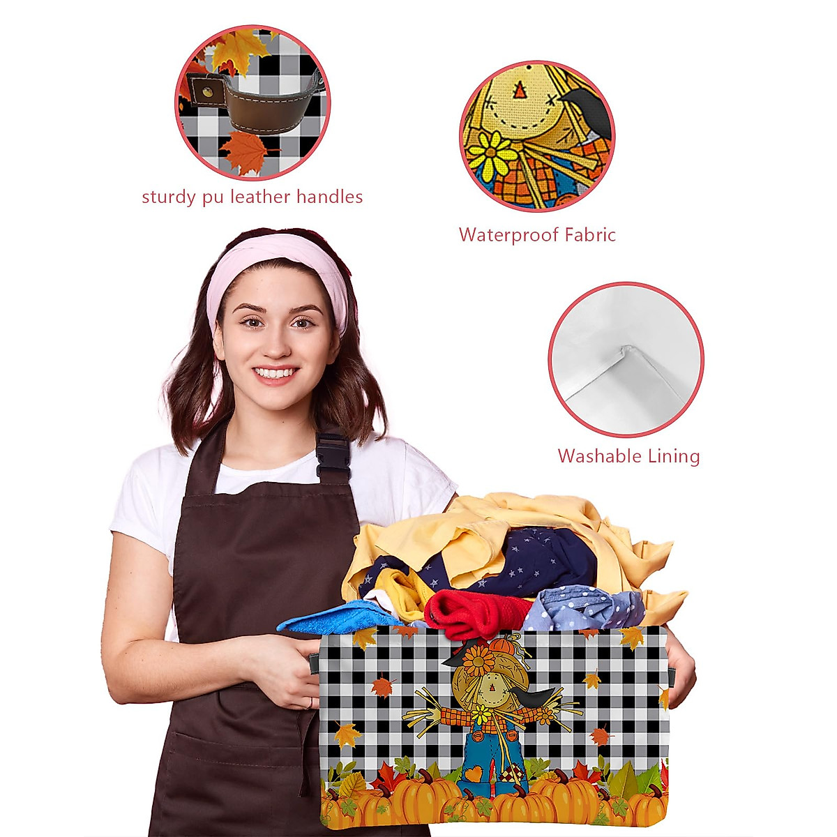 Thanksgiving Scarecrow Storage Bins 1 Pack, Large Waterproof Storage Baskets for Shelves Closet, Fall Pumpkin Maple Leaves Black White Plaid Storage Basket Foldable Storage Box Cube Storage Organizer