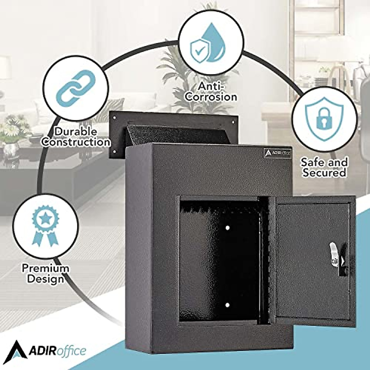 AdirOffice Through The Wall Drop Box Safe - Durable Thick Steel w/Adjustable Chute - Mail Vault for Home Office Hotel Apartment