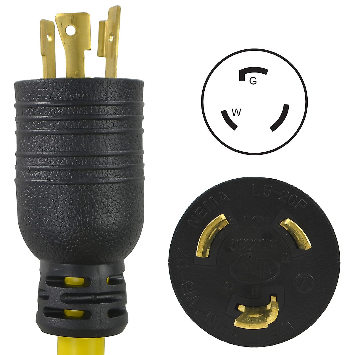 Conntek 1.5-Feet 20-Amp STW 12/3 Tri-Outlet Cord, 20-Amp Locking L5-20P Plug to Tri-Female (3*5-15R)