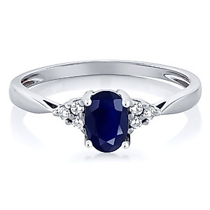 Gem Stone King 14K White Gold Blue Sapphire and White Diamond Engagement Ring For Women | 0.61 Cttw | Wedding Anniversary Promise Ring For Women | Available 5,6,7,8,9 (Size 5)