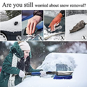 57 Inch Extendable Snow Brush and Ice Scraper, 270° Pivoting Snow Brush for Car Windshield, 3 in 1 Sturdy Snow Brush with Squeegee and Foam Grip, for RV SUV Truck, Gloves and Storage Bag Included