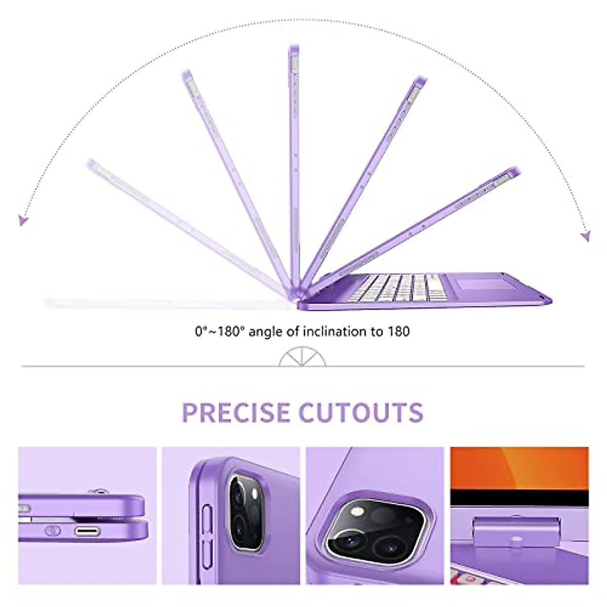 D DINGRICH Keyboard Case for iPad Pro 12.9 (6th/5th/4th/3rd Gen), Multi-Touch Trackpad, 360° Rotatable, Wireless Keyboard Cover, Rainbow Backlit with Apple Pencil Charging, Purple