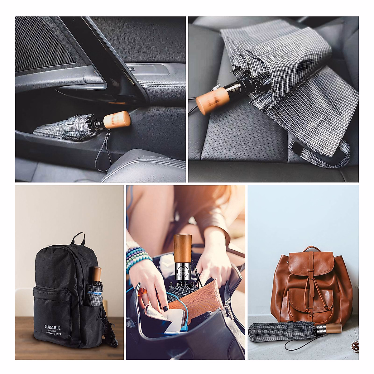 HOMILOOP Compact Folding Umbrella,10 Ribs Business Brolly,Automatic Opening,Compatible Rainy and Sunny Weathers,Vintage Plaid and Wooden Handle Parasol