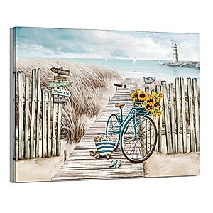 LAIART Beach Canvas Wall Art for Bathroom With Fence Wooden Path Bike Decor Lighthouse Print Pictures Artwork (11"x15")