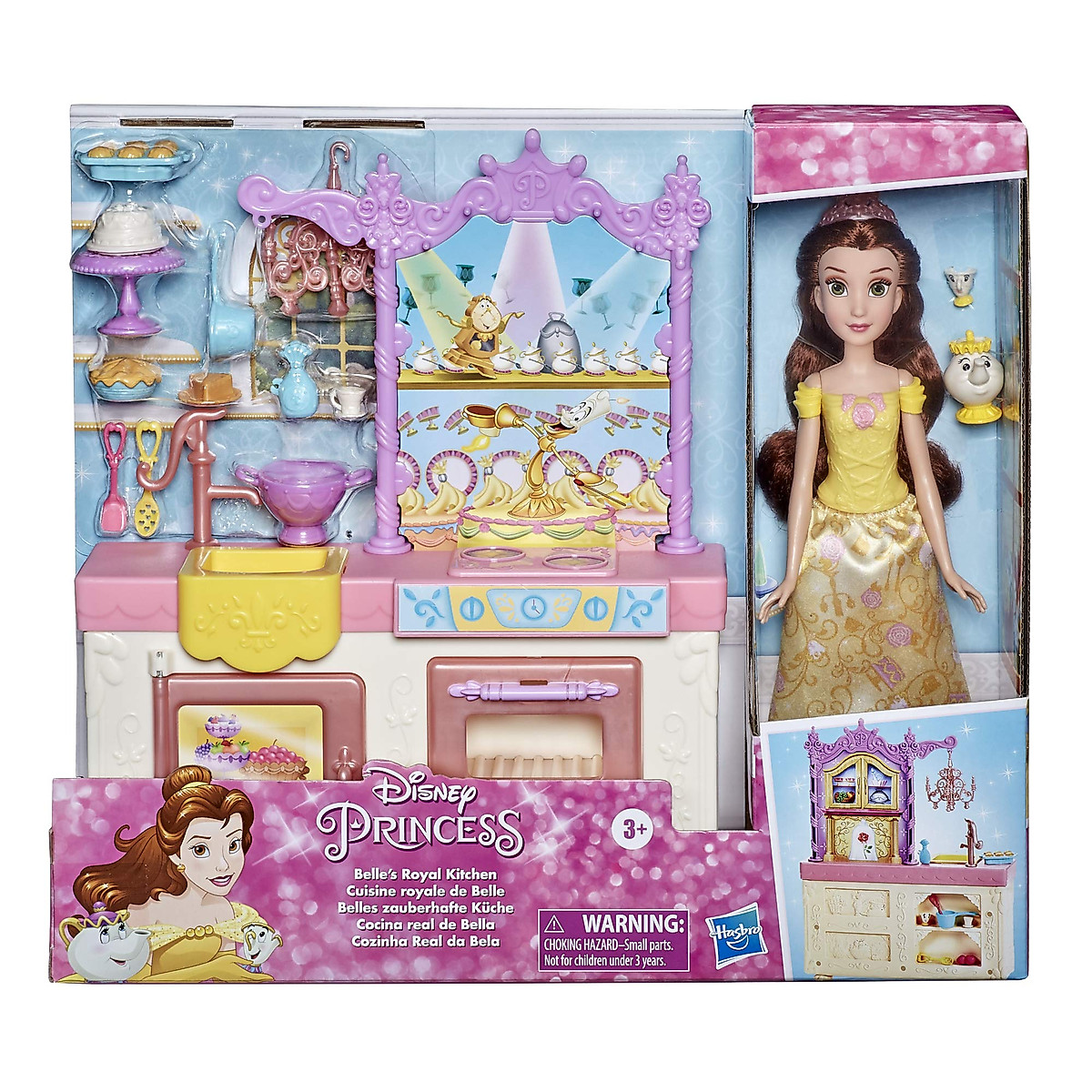 Disney Princess Belle's Royal Kitchen, Fashion Doll and Playset with 13 Accessories, Mrs. Potts, and Chip, Toy for Girls 3 Years and Up