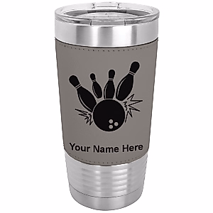 LaserGram 20oz Vacuum Insulated Tumbler Mug, Bowling Ball and Pins, Personalized Engraving Included (Faux Leather, Gray)