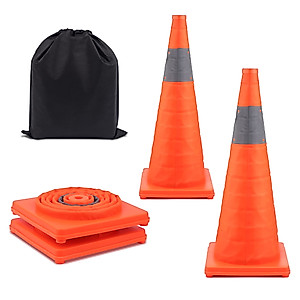 BATTIFE [2 Pack] 28 Inch Collapsible Traffic Safety Cones, Orange Cones, Multi Purpose Pop-up Cones with Reflective Collar, for Road Parking, Driving Practice