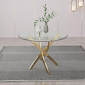 36" Round Dining Table for 4, Glass Kitchen & Dining Room Tables, Modern Circle Dining Room Table with 0.39" Tempered Glass Tabletop and Cross Stainless Steel Legs for Dinner Small Spaces