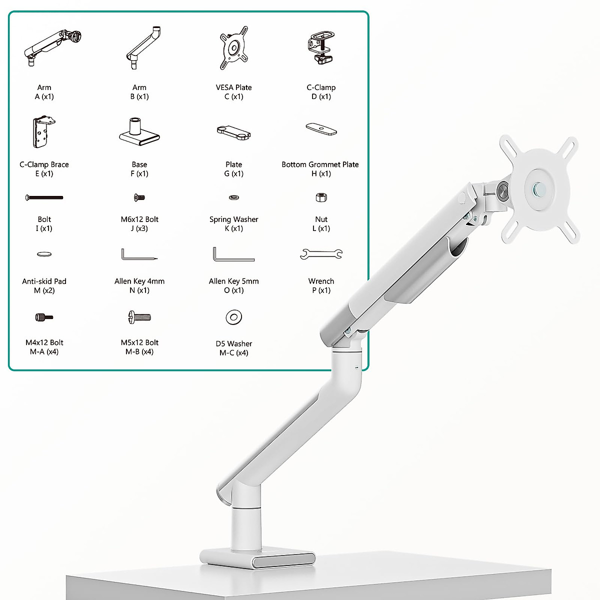 WALI Single White Monitor Mount Arm Stand, Fully Adjustable, Mechanical Spring Tension Indicator, Bracket with Clamp, Display Up to 32 inch, 22lbs Weight Capacity (MATI001-W), White